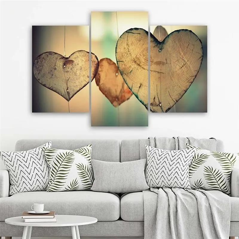 Obraz na plátně třídílný Srdce Wood Love Retro - 90x60 cm