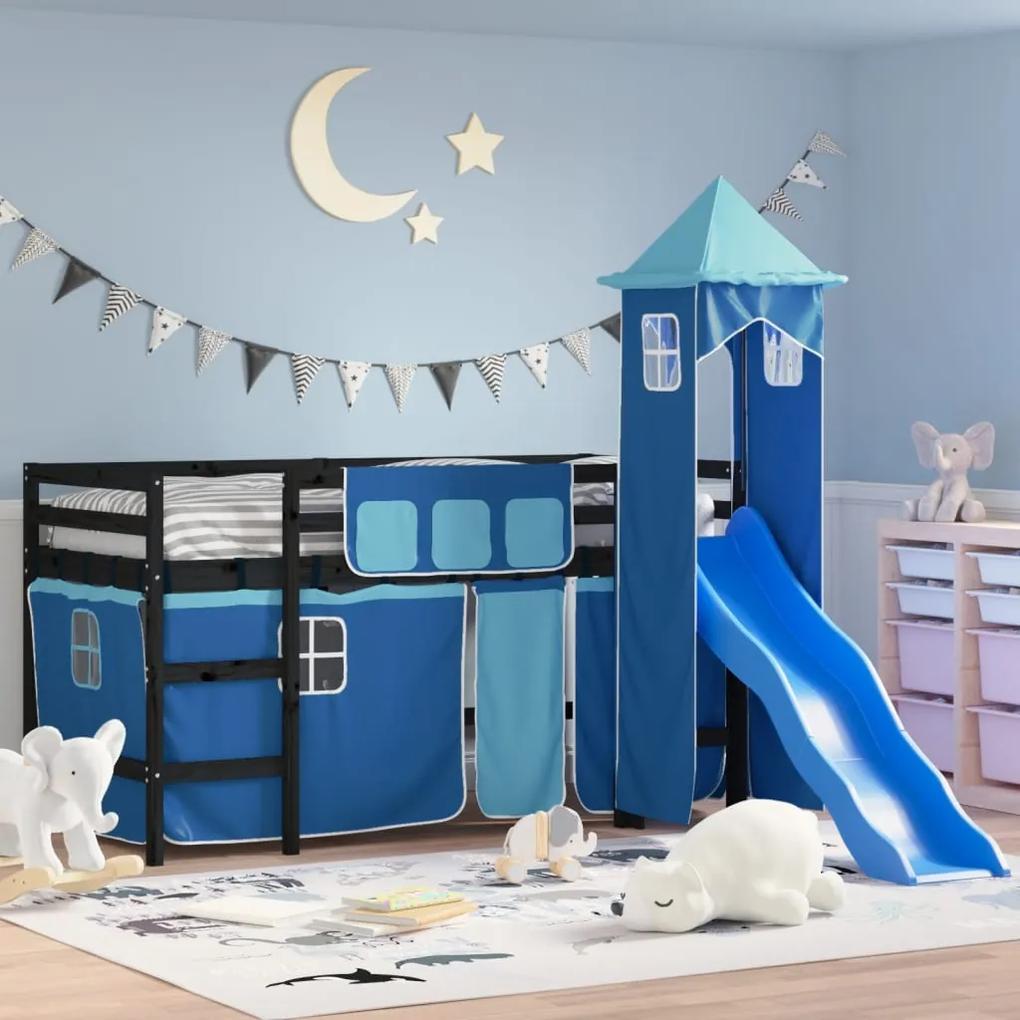 Dětská patrová postel s věží modrá 90 x 190 cm masivní borovice,  3207088
