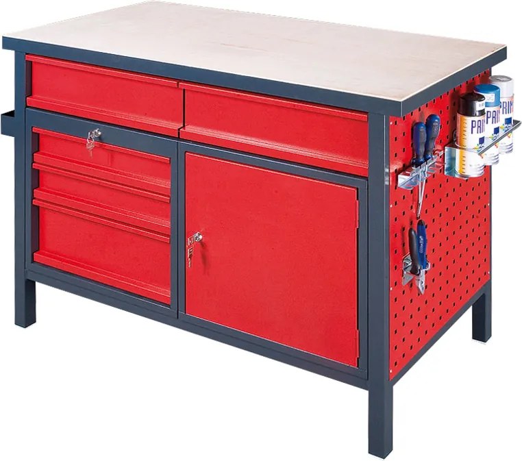Dílenský pracovní stůl GD, 5 zásuvek, smrk + oboustranně dýhovaná smrková překližka, 5 zásuvek, 1 skříňka, 1190 x 600 x 850 mm, grafit / červená