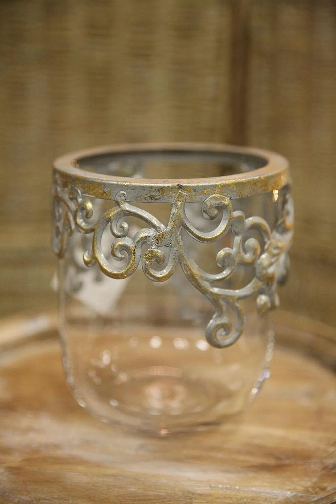 Skleněná nádoba s kovovým ornamentem 15cm