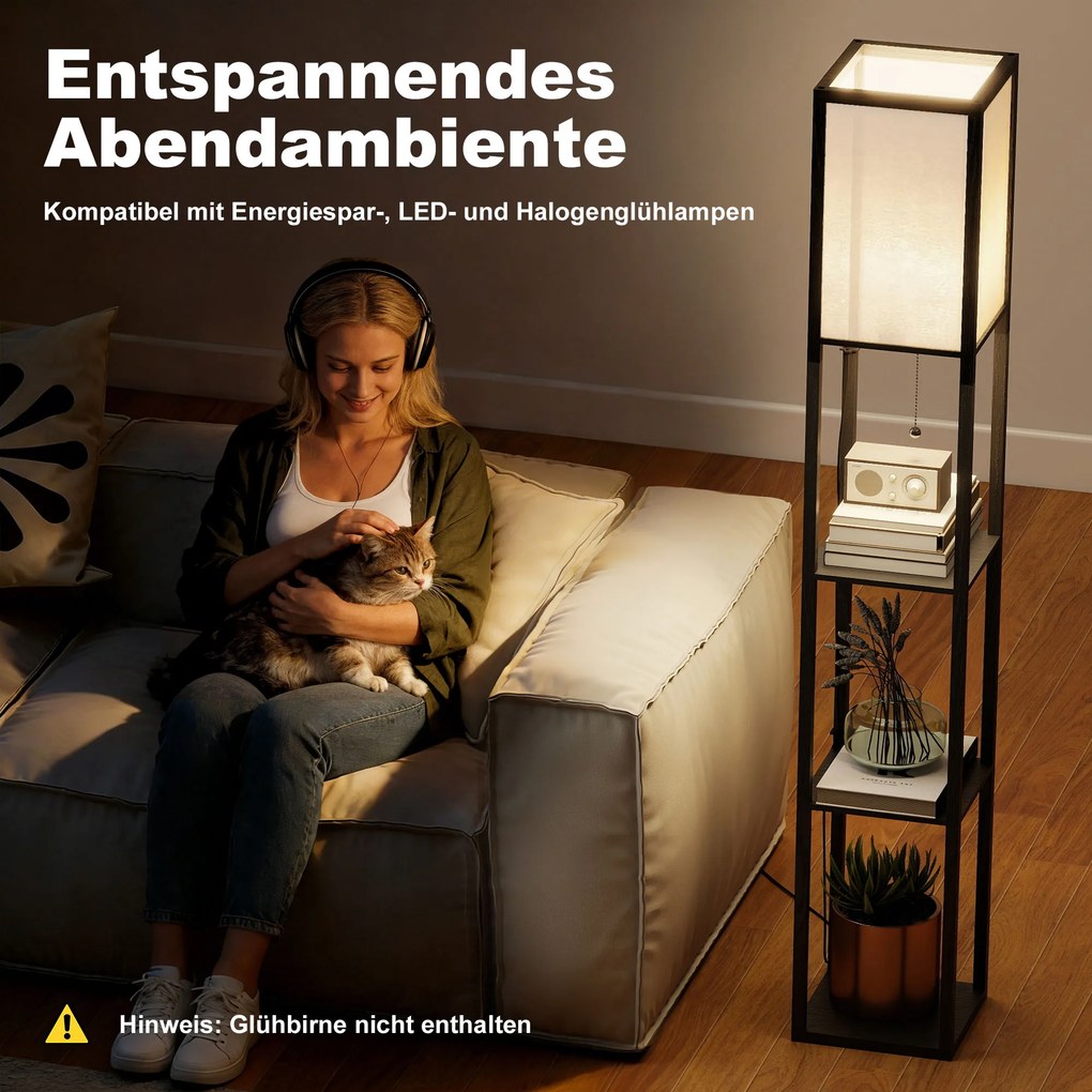 HOMCOM Stojací lampa s policemi E27 do 40 W bez žárovky, interiérové osvětlení do obývacího pokoje a ložnice, dřevo v černé barvě, 26x26x160 cm