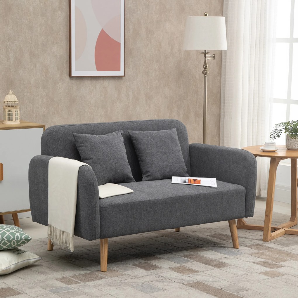 HOMCOM Dvoumístná rozkládací pohovka s polštáři, nastavitelné podnožky, sametový polyester, kaučukové dřevo, pěna, 2místná, potah látka