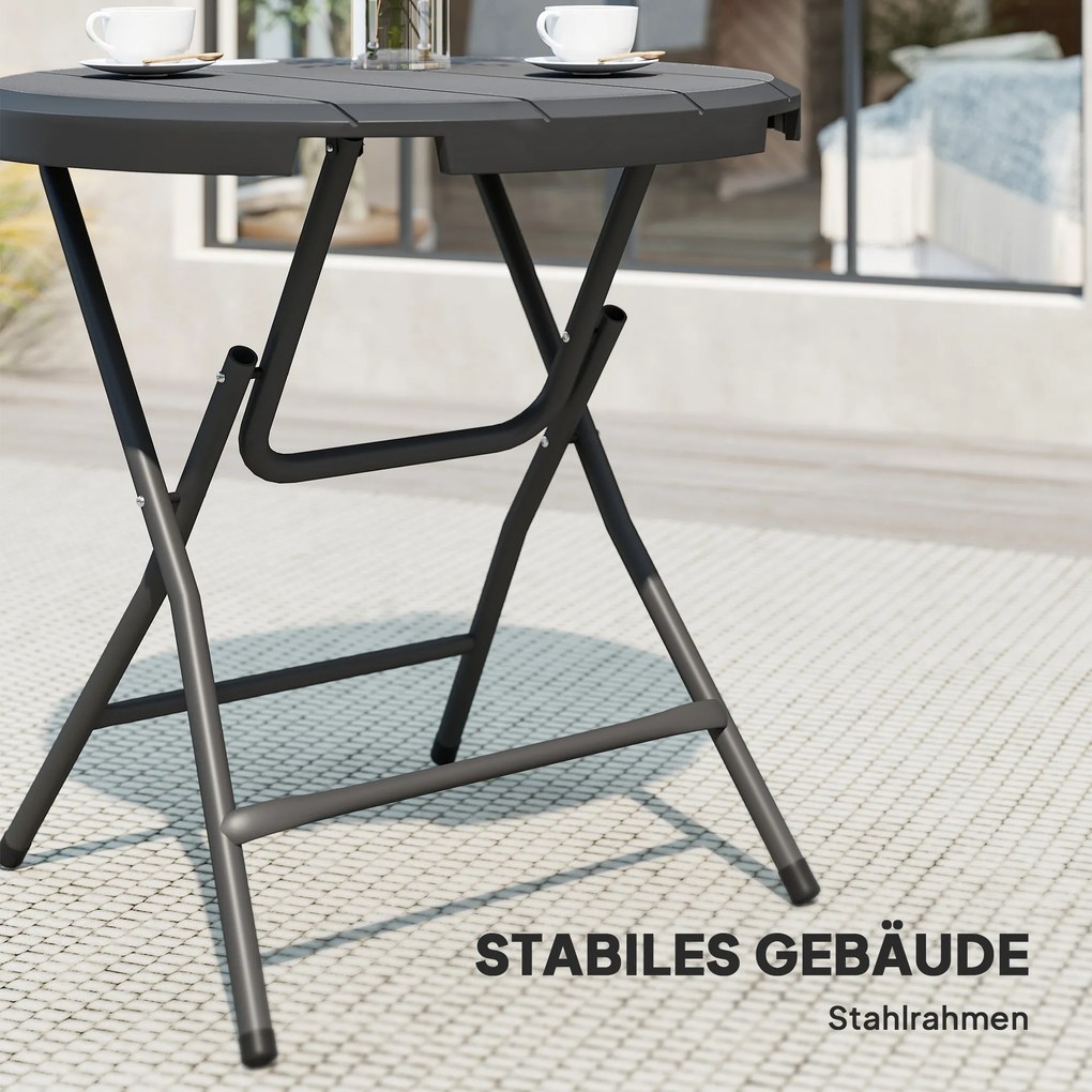 Zahradní stůl Outsunny pro 4 osoby, kulatý skládací stůl Ø80 cm, zahradní jídelní stůl ve vzhledu dřeva, tmavě šedý, ideální na balkon a terasu