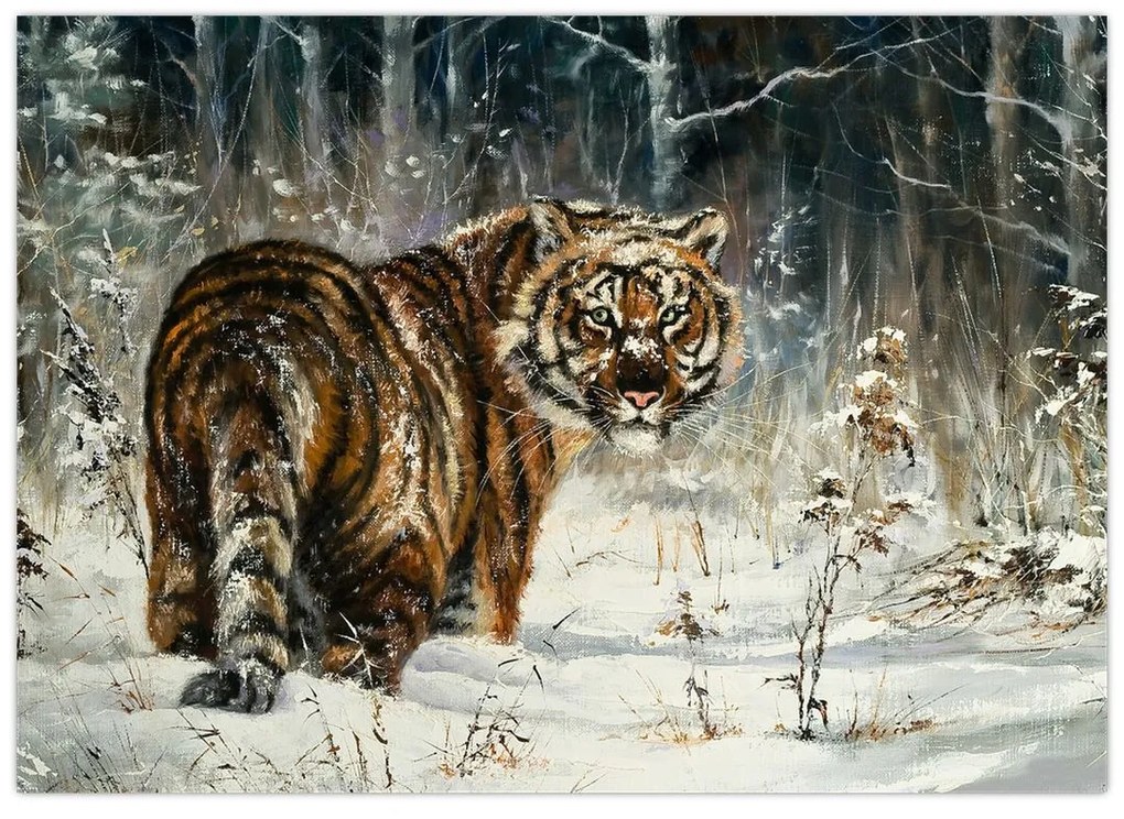 Skleněný obraz - Tygr v zasněženém lese, olejomalba (70x50 cm)