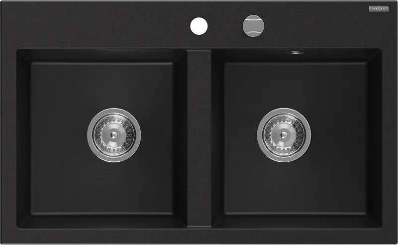 Mexen Hektor, 2-komorový granitový dřez 800x480x205 mm, černá, chromový sifon, 6521802000-77