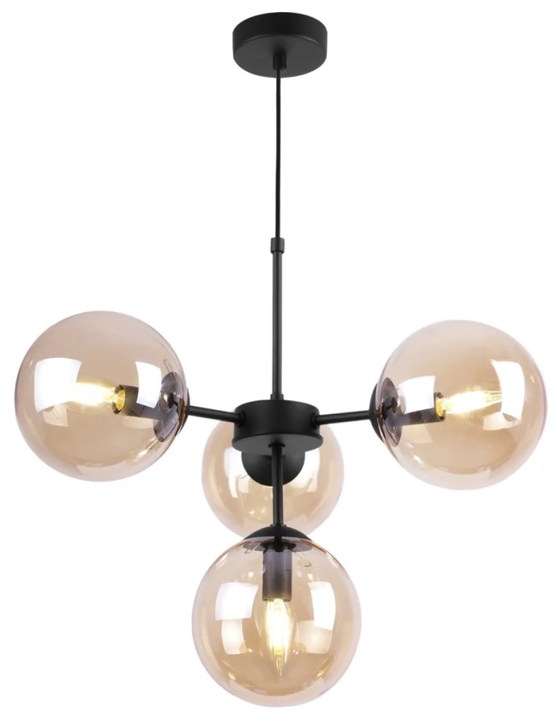 Light for home - Černá Regulovatelná Stropní Lampa se 4 Medově Transparentními Foukanými Stínidly "IMPERIA", 4x40W, E14, Černá