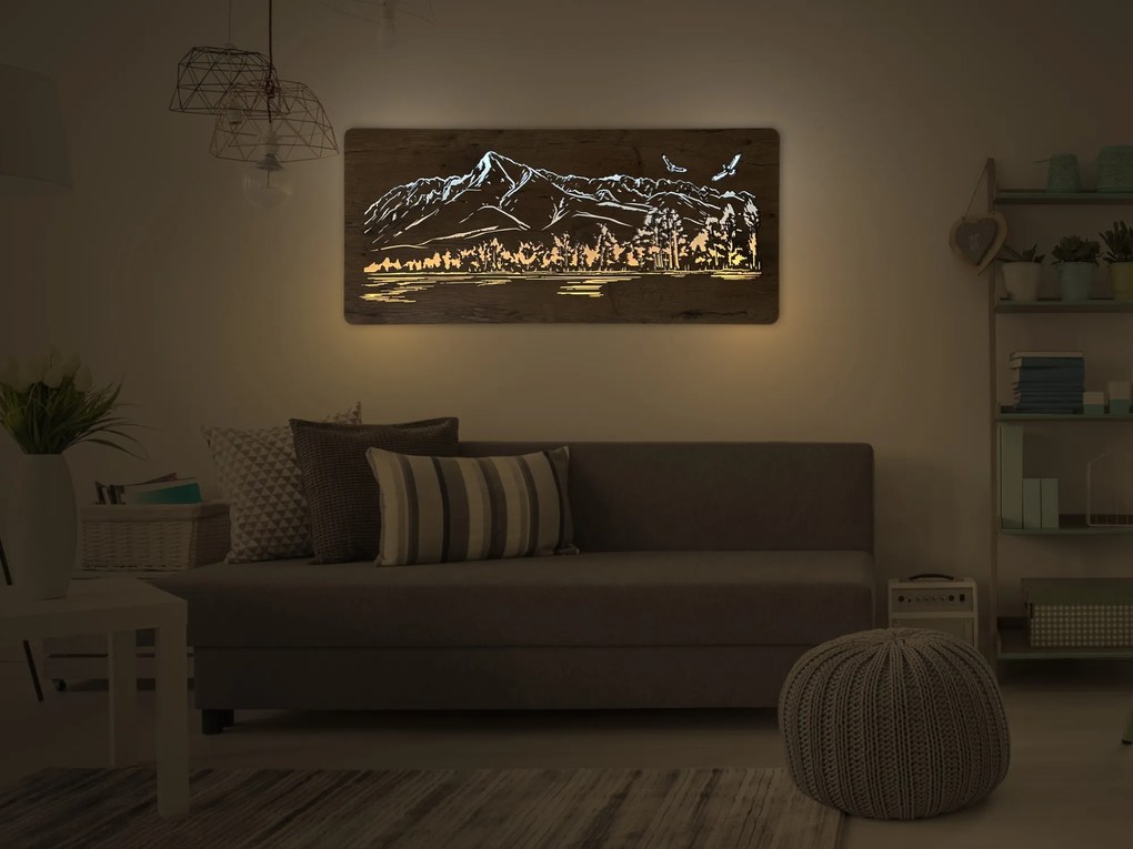 Li-Go "Hory s ptáky" světelný obraz s baterií 110x50cm varianta: ovládání na obraze bez dálkového ovladače, provedení: dub světlý