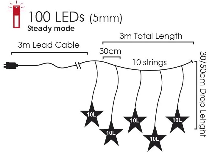 ACA Lighting LED vánoční závěs Hvězdičky, 3x3m, teplá bílá, IP44, 100 LED