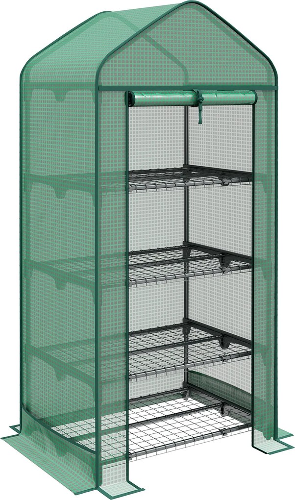Outsunny skleník na rostliny s 4 policemi a roll-up dveřmi, malý kovový a PE skleník, 69x49x158 cm, tmavě zelený