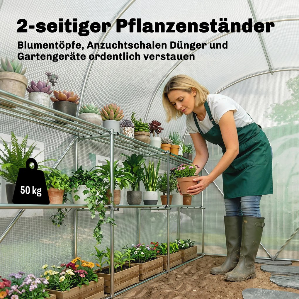 Skleník o rozměrech cca 2,7 x 2 x 2 m Fóliový skleník s policemi Rolovací dveře na zip 6 oken se síťovinou Nosné tyče