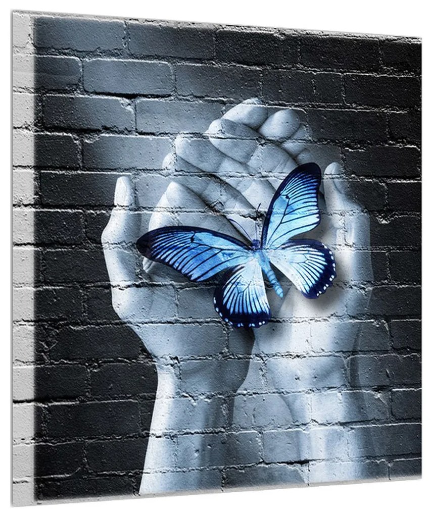 Moderní obraz dlaní s motýlem (40x40 cm)