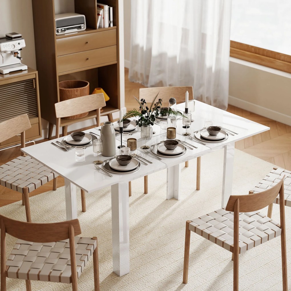 HOMCOM Rozkládací jídelní stůl, 120-160 x 70 cm, nastavitelný kuchyňský stůl pro 4-6 osob, MDF, vysoký lesk bílá