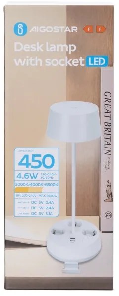 Aigostar - LED Stmívatelná stolní lampa se zásuvkami a USB LED/4,6W/230V bílá