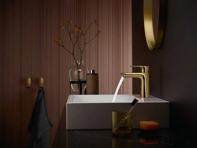 Hansgrohe Talis E, páková umyvadlová baterie 110 CoolStart s odtokovou soupravou s táhlem, zlatá lesklá, 71713990