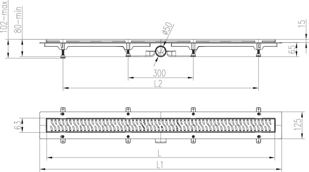 Chuděj Lineární plastový žlab 850mm s bočním odtokem d 50, medium mat