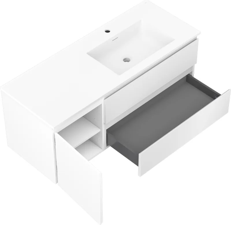 Mexen Orio, koupelnová skříňka 120 cm s pravým umyvadlem Otis, 2S, 1D, bílá matná, 91A13-12047-3-BBFFF01-W18P01