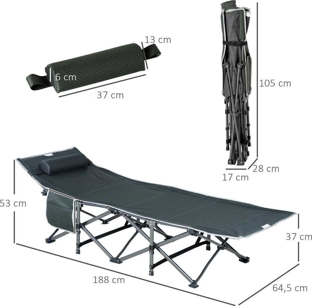 Kempingová postel, skládací kempingová postel s polštářem, 188 x 64,5 x 53 cm, šedá