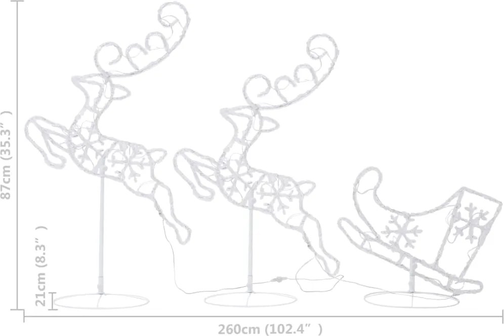 vidaXL Marketos Akryloví vánoční létající sobi a sáně 260x21x87 cm teplí bílí