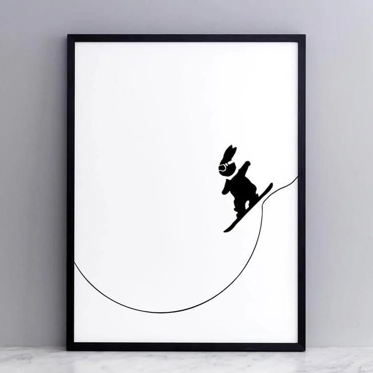 HAM Sítotisk s králíkem Snowboard Rabbit 30 × 40 cm, černá barva, bílá barva, papír
