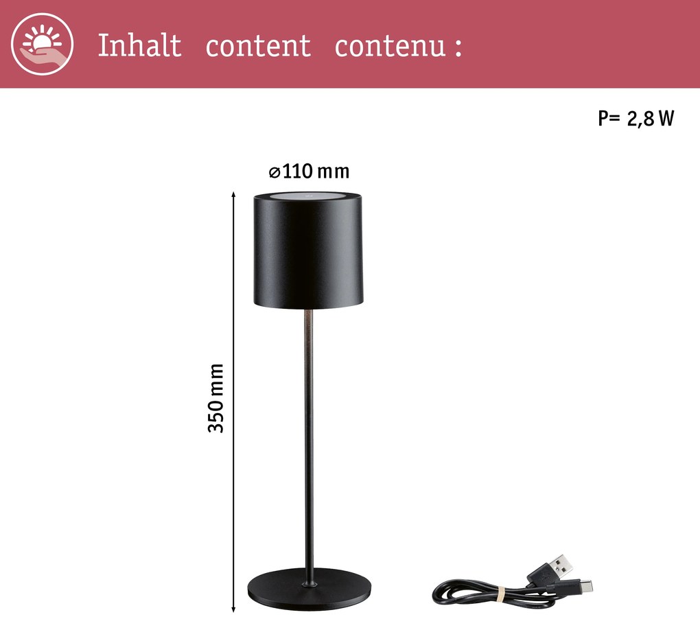 Paulmann Tuni, černá nabíjecí lampička, 2,8W LED 2700K dotykové ovládání, výška 35cm, IP44
