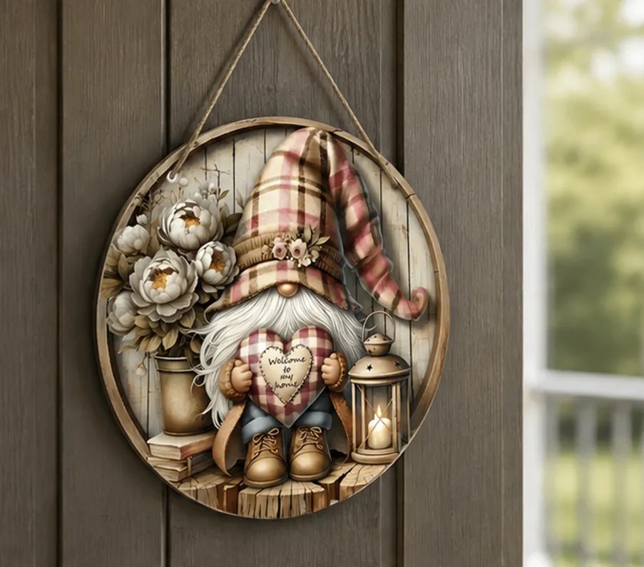 dekorace na zeď, dřevo, 20x20 cm, Boho styl s trpaslíkem, Dekorino DZ20260008