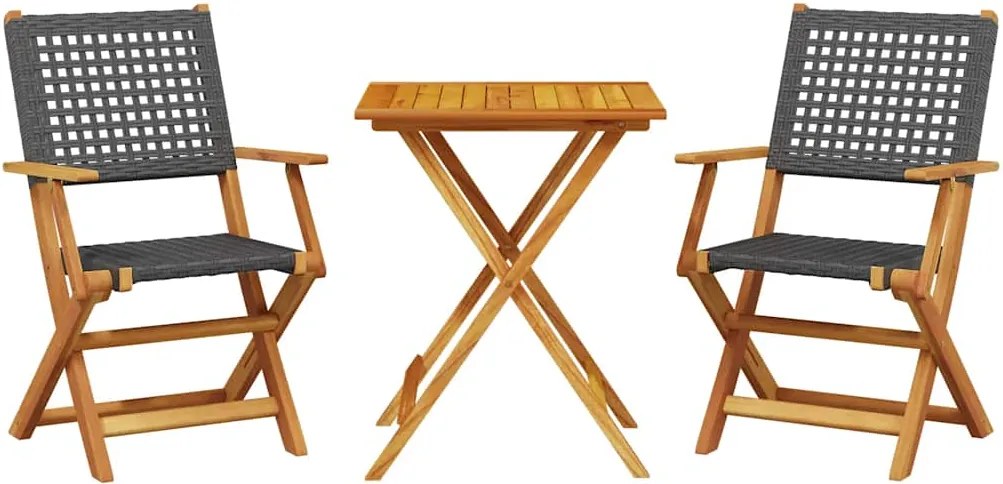 3dílný bistro set černý polyratan a masivní dřevo 3281802