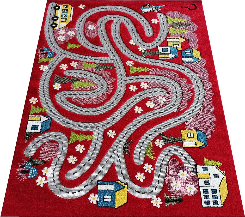 DY Červený dětský koberec s motivem města Color Kids 02 Rozměr: 100x150 cm