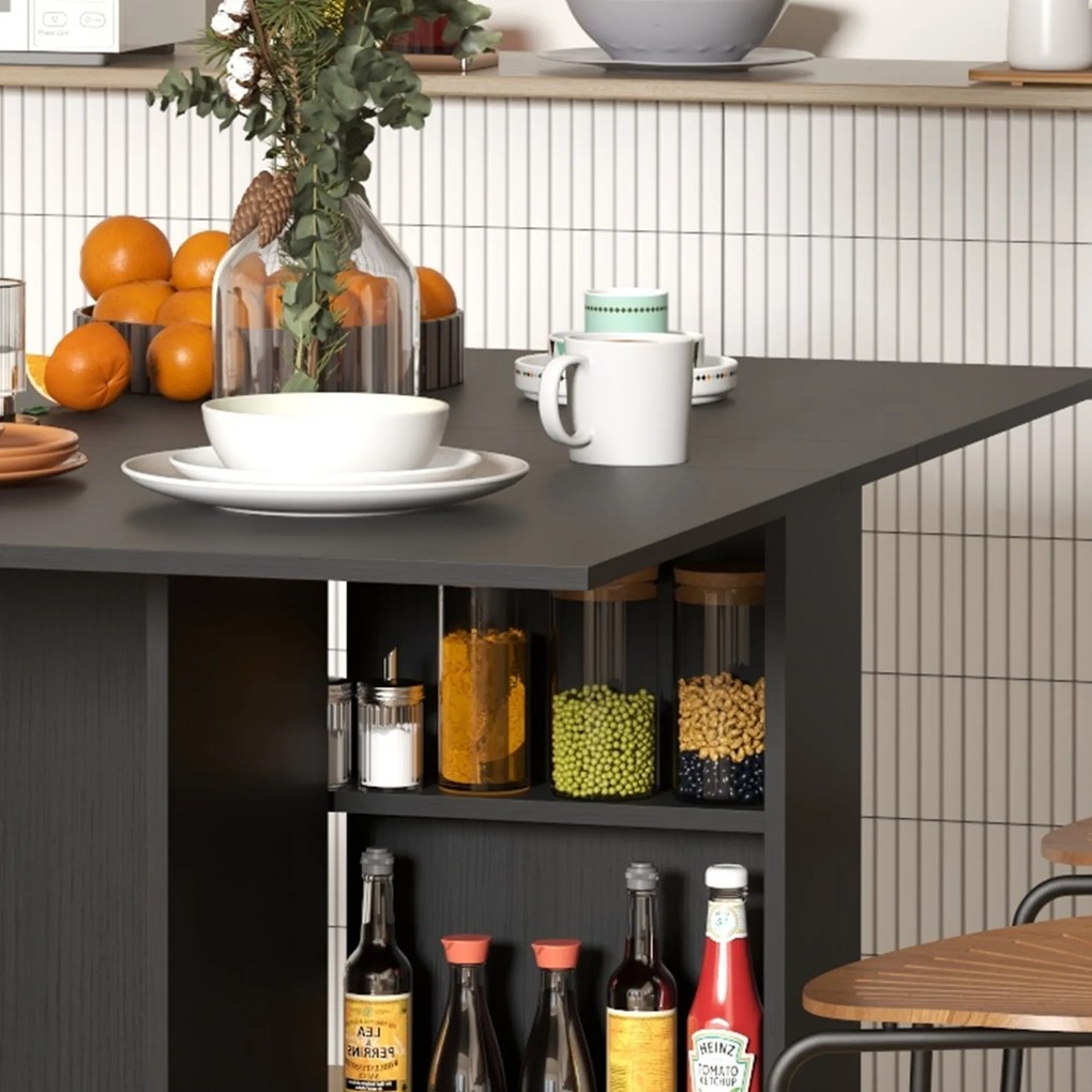 HOMCOM Skládací Stůl na Kolečkách, Moderní Jídelní Stůl, Úsporný Skládací, Moderní Design, s Kolečky, Úložné Poličky, 140 × 80 × 74 cm, Černý