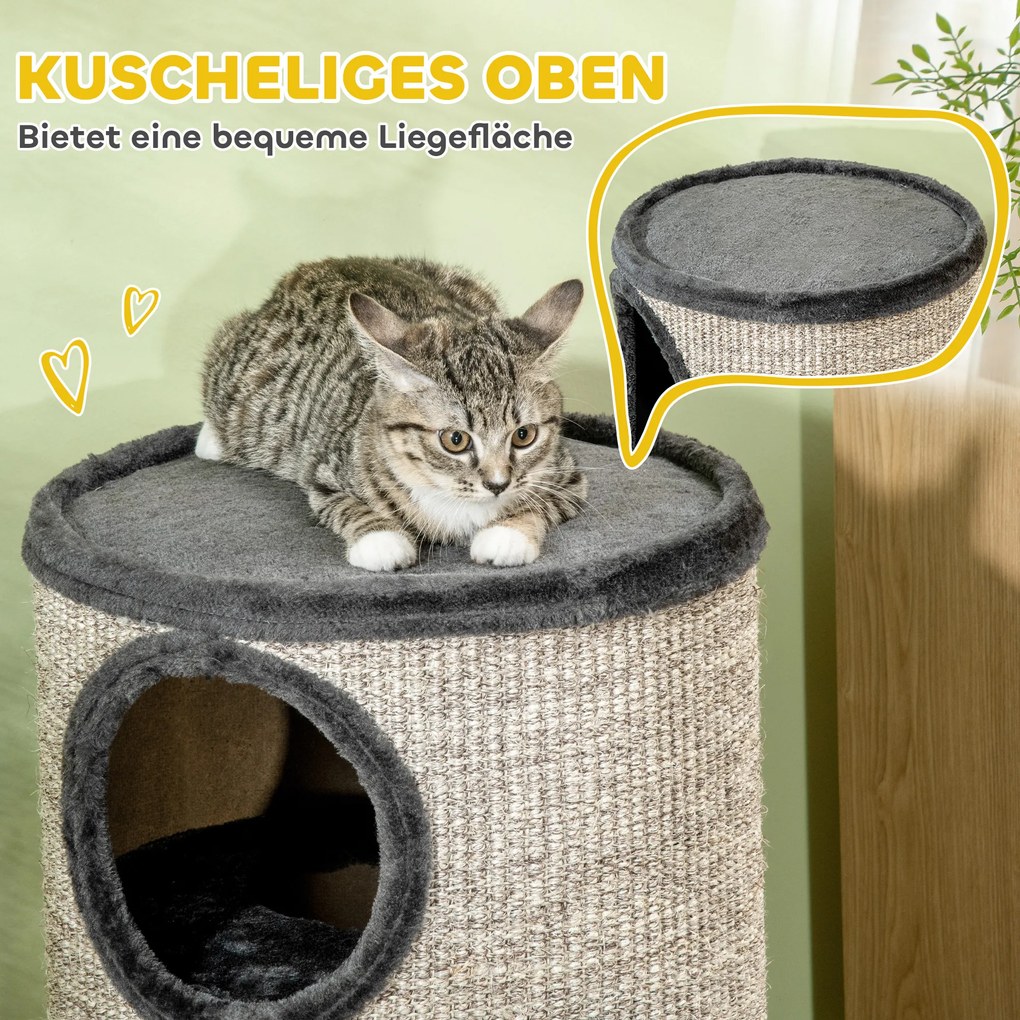 PawHut škrábací sud s plyšovým designem 3 úrovně se 3 jeskyněmi a škrábací plochou ze sisalového lana 38 x 38 x 70 cm šedý pro kočky | Aosom.de