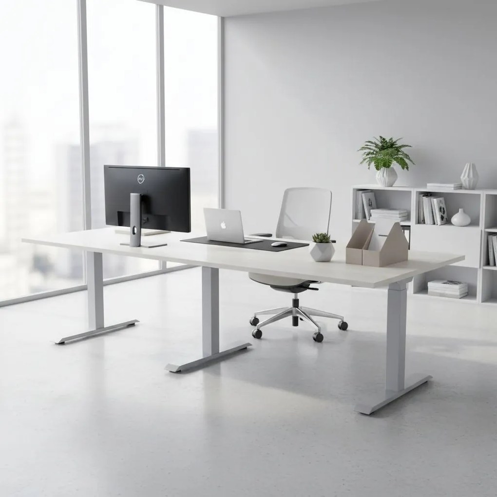 Výškově nastavitelný stůl OfficeTech Long, 240 x 80 cm, šedá podnož, bílý jasan