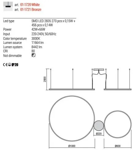 Redo Závěsné LED svítidlo ORBIT ø100/ø60 cm, 3000K, 2 kruhy Barva: Bílá, Stmívání, řízení: DALI