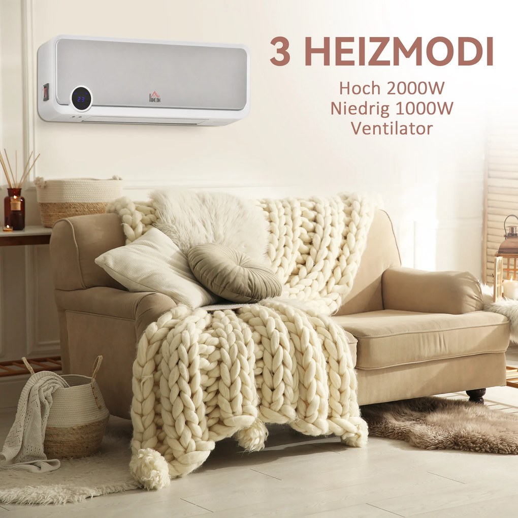 HOMCOM Topný ventilátor na stěnu 2000W s dálkovým ovládáním, 3 režimy provozu, LED displej, 12hodinový časovač 820-252V90