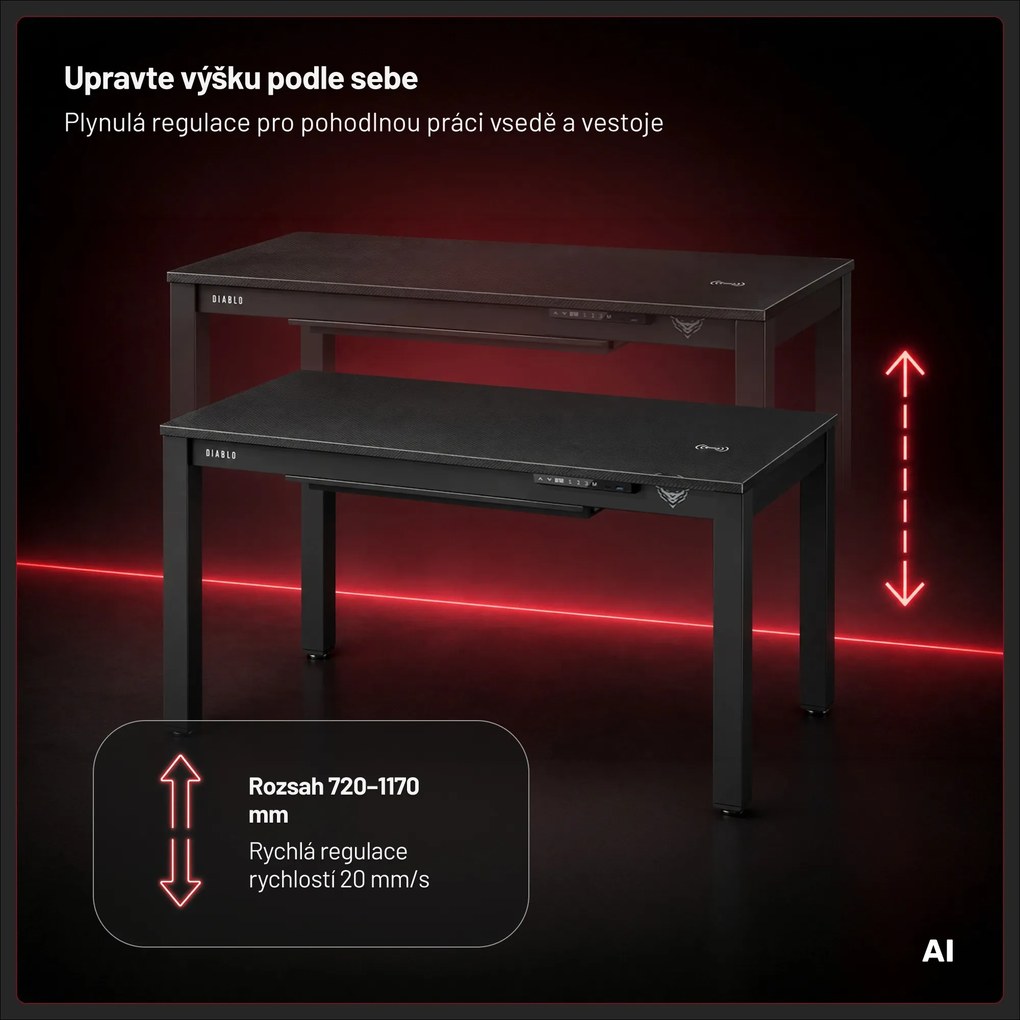 Herní stůl elektricky nastavitelný, vestavěná bezdrátová nabíječka QI a USB: Diablo X-RIFT černý