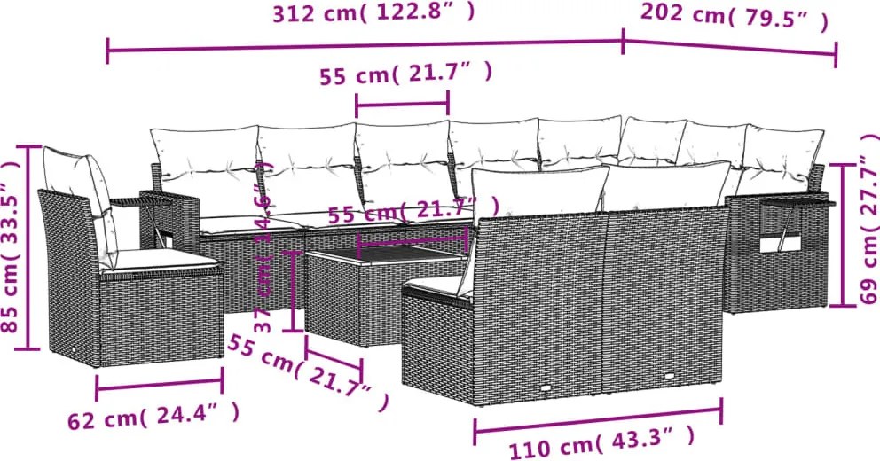 vidaXL 11dílná zahradní sedací souprava s poduškami polyratan [3256945] Barva: Černá