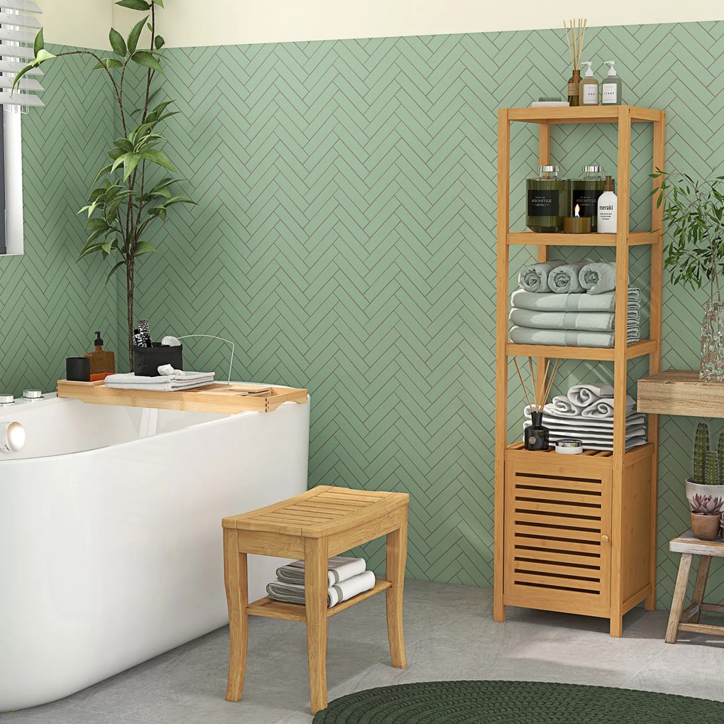 HOMCOM Koupelnová skříňka se 3 otevřenými přihrádkami z bambusu, toaletní skříňka přírodní 36x33x140cm pro optimální skladování