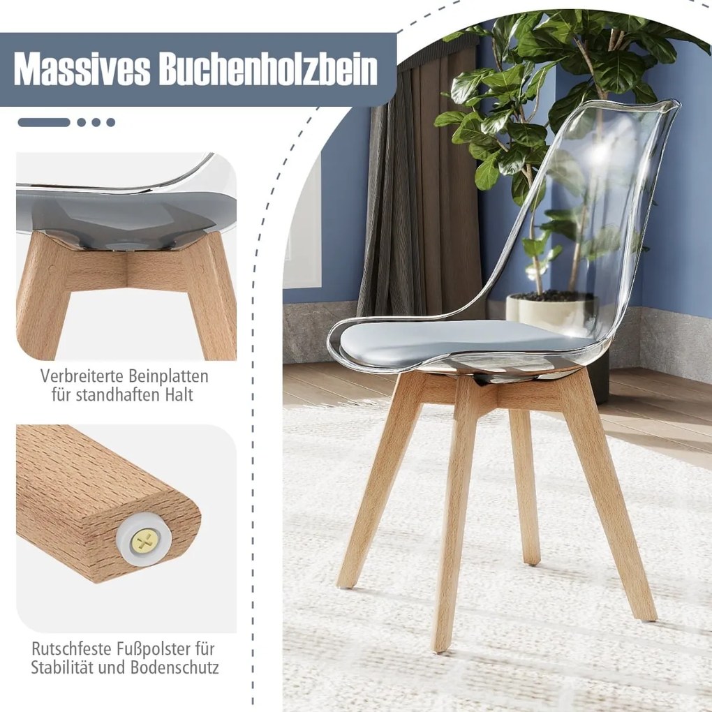 Costway Sada 4 průhledných jídelních židlí s nohami z masivního