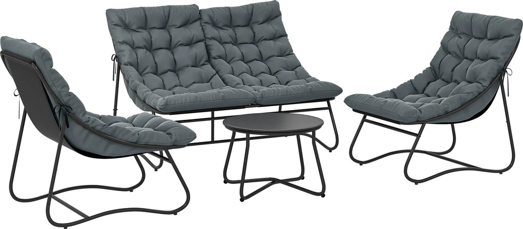 4-Sitzer Gartenmöbel-Set, 2 Stühle, 1 Doppel-Sofa, 1 Tisch, dicke Kissen, Stahlrahmen, für Terrasse, Grau