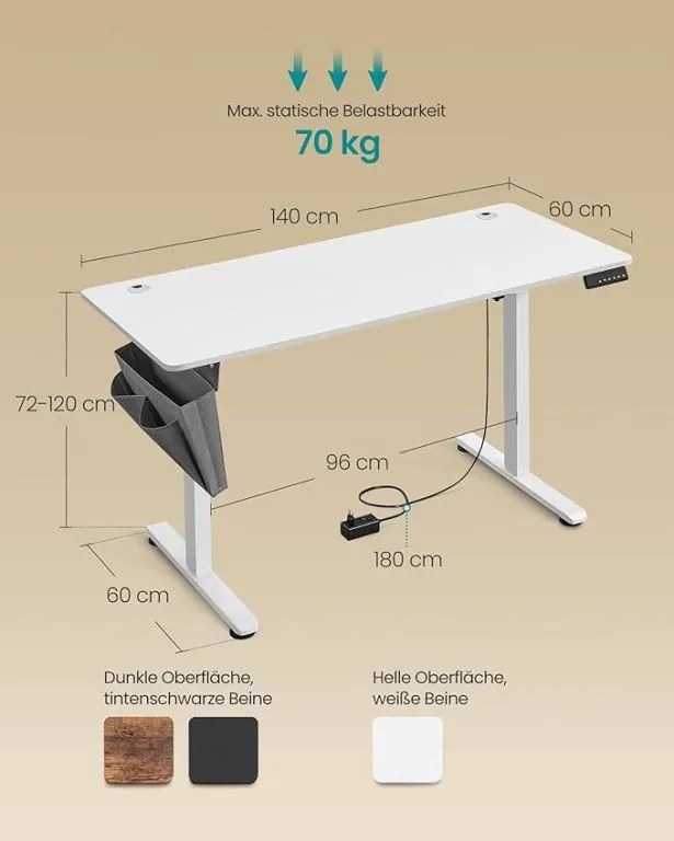 Elektrický výškově nastavitelný pracovní stůl 140×60 cm bílý