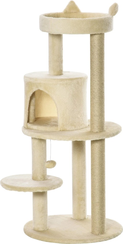 PawHut 104 cm Kočičí Škrabadlo s Platformami a Visící Kuličkou 48x48x104 cm Krémové | Aosom