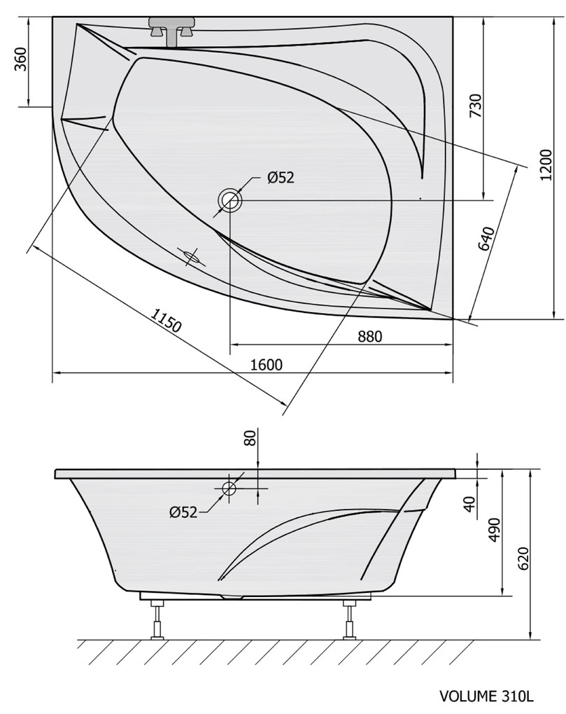 Polysan TANYA R asymetrická vana 160x120x49 cm, bílá, 66119