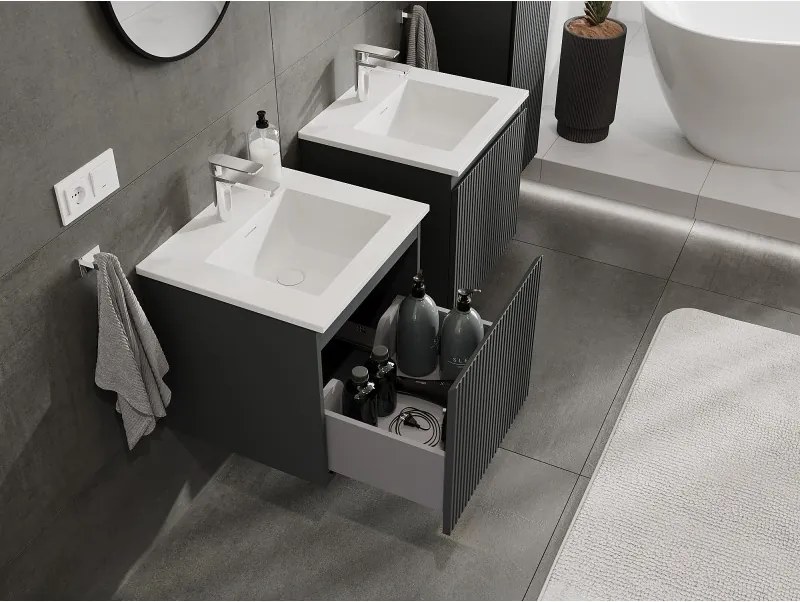 Mexen Rivel, koupelnová skříňka 50 cm s umyvadlem Otis, 1 zásuvka, drážkovaná, grafitová matná/bílá matná, 91A20-05047-1-BF66-W18M01