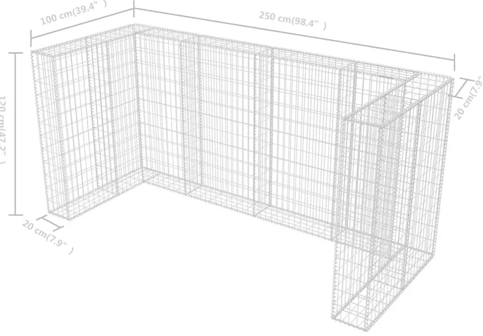 vidaXL Gabionová zástěna pro 3 popelnice ocelová 250 x 100 x 120 cm