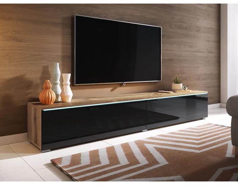 TV stolek Dlone 180, Barva: wotan / černý lesk, Osvětlení: osvětlení LED - bílé