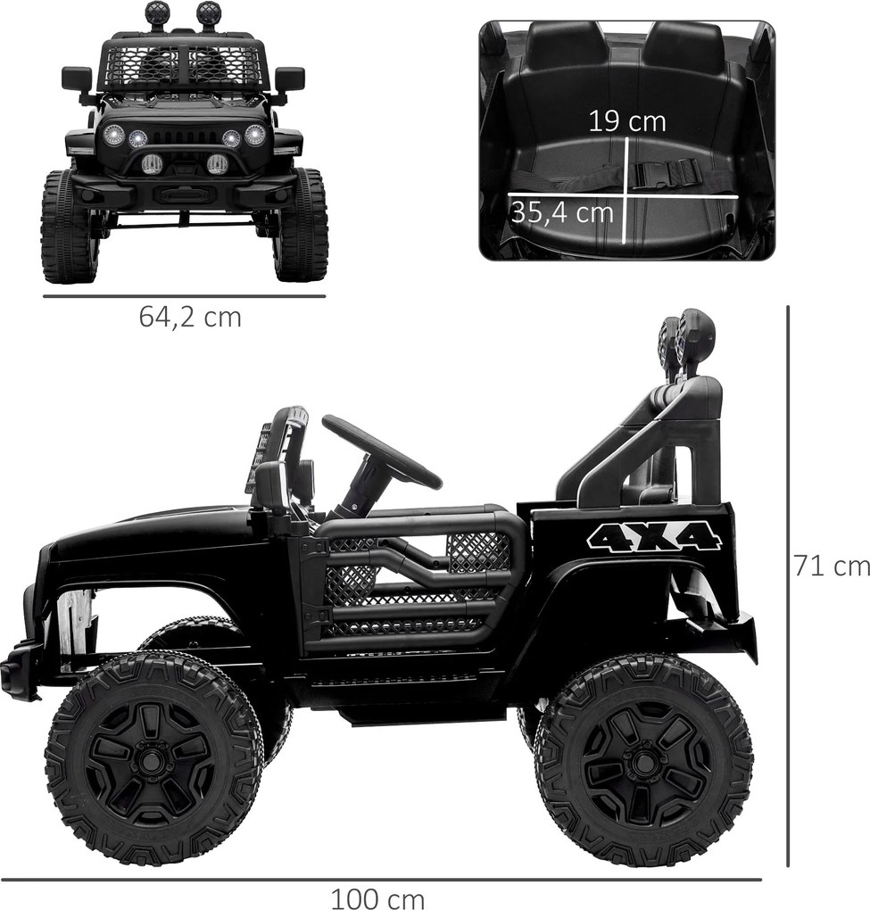 HOMCOM 12V Elektrické 4x4 Auto pro Děti s Dálkovým Ovládáním, Světly a Klaksonem - 3-6 Let - Černé