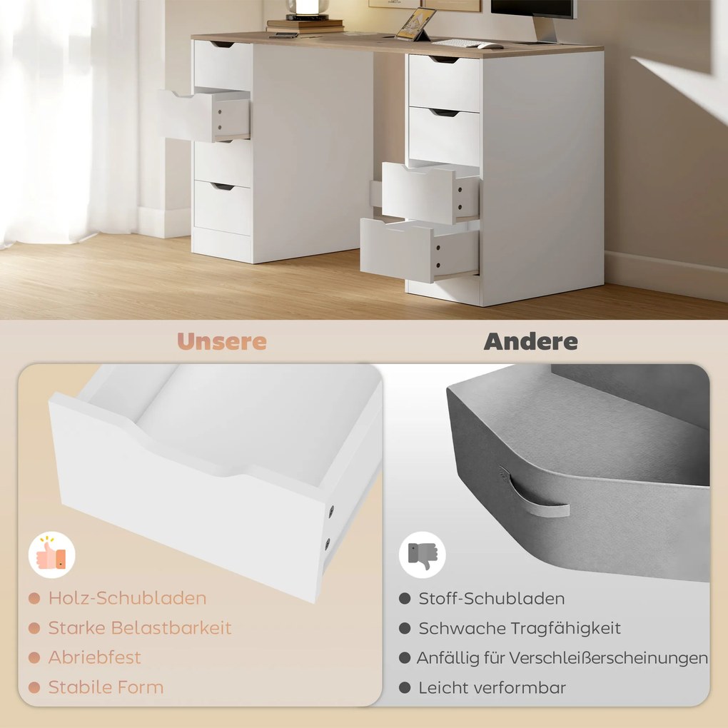 HOMCOM 140 cm počítačový stůl, 8 zásuvek, psací stůl pro domácí kancelář, ložnici, ocel, dřevo, přírodní