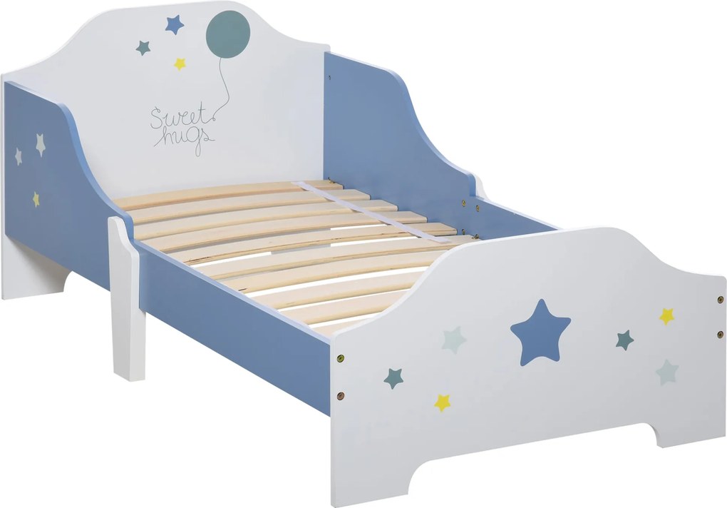 Dětská postel HOMCOM, nízká postel pro děti od 3 do 6 let, 143 x 74 cm, design hvězdy, včetně latě, do dětského pokoje, modro-bílá | Aosom