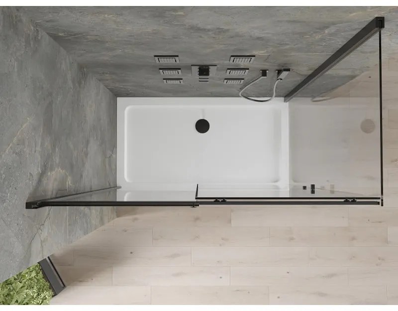 Mexen Omega, sprchový kout s posuvnými dveřmi 140 (dveře) x 80 (stěna) cm, 8mm čiré sklo, černý profil + slim sprchová vanička bílá s černým sifonem, 825-140-080-70-00-4010B