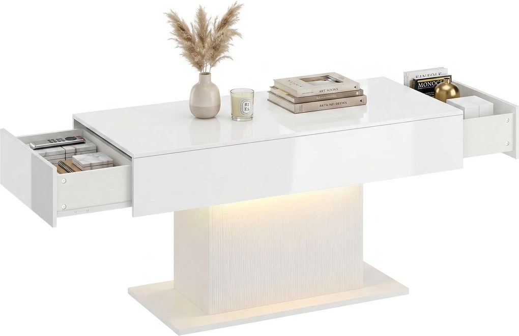 HOMCOM High-Gloss Coffee Table with LED Lighting, Modern Side Table with 2 Drawers, Remote-Controlled, 108 x 48 x 55 cm (42.5 x 18.9 x 21.7 in) – Whit