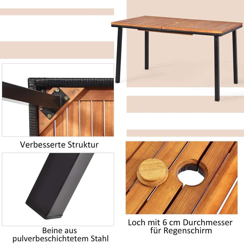 Costway Zahradní stůl s otvorem na slunečník akátové dřevo – 140 × 75 × 76 cm