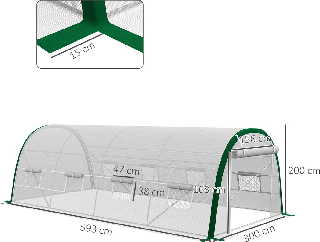 Zahradní tunelová skleník Outsunny 18m² – 6L x 3W x 2H m - 8 oken, zabalovací zipová vrata - Rám z pozinkované oceli, bílý kryt z vysoce hustého PE |